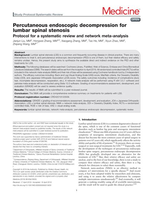 Pdf Percutaneous Endoscopic Decompression For Lumbar Spinal Stenosis Protocol For A