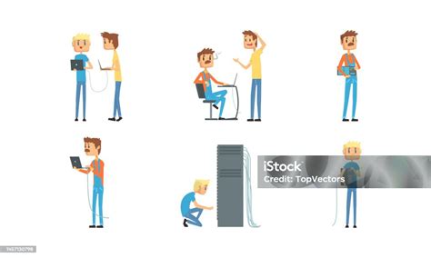 시스템 관리자 문자를 설정합니다 시스템 관리자가 네트워크 연결을 복구 및 조정하고 컴퓨터에서 작업하고 서버를 유지합니다 지원 및 관리 벡터 일러스트 레이 션 Cpu에 대한