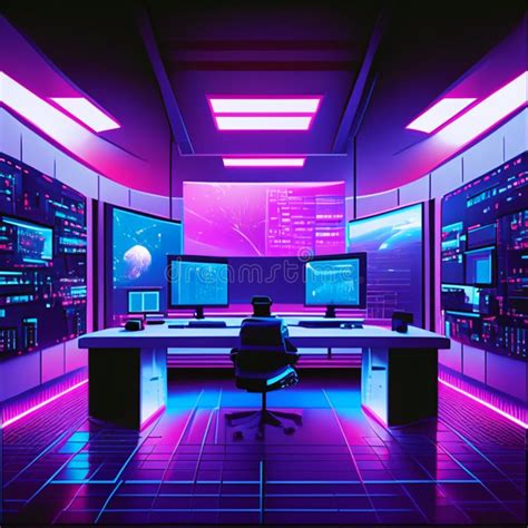 Futuristic Server Room With Neon Lights 3d Render Illustration Generative Ai Stock Illustration