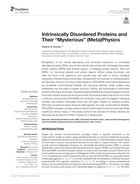 Pdf Intrinsically Disordered Proteins And Their Mysterious” Metaphysics