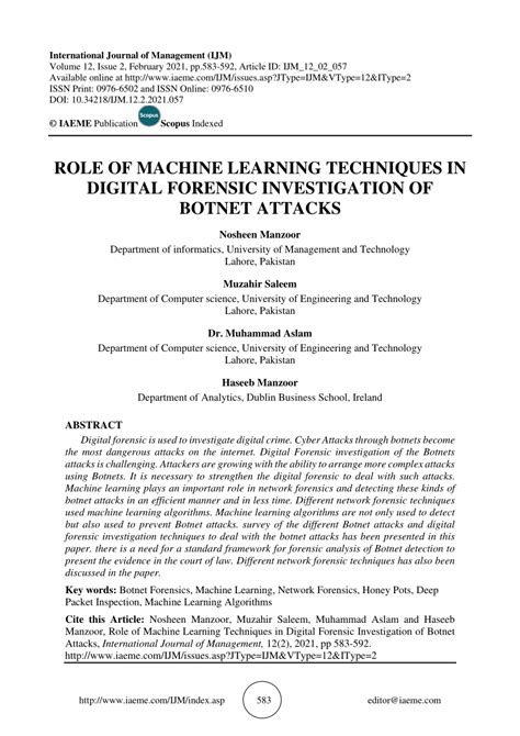 Pdf Role Of Machine Learning Techniques In Digital Forensic Investigation Of Botnet Attacks