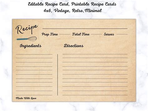 Editable Recipe Card Printable Recipe Cards 4x6 Vintage And White