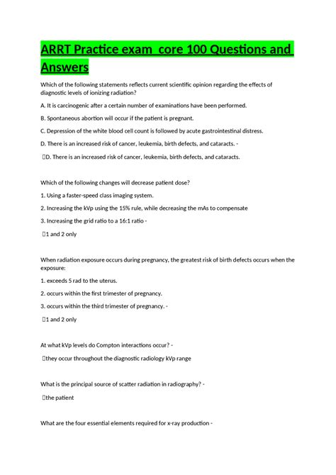 Arrt Practice Exam Core 100 Questions And Answers Exams Nursing Docsity