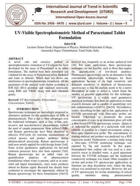 Uv Visible Spectrophotometric Method Of Paracetamol Tablet Formulation Pdf Nonsteroidal Anti