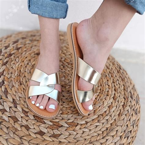 Gold Leather Sandals Handmade Greek Summer Slides Etsy