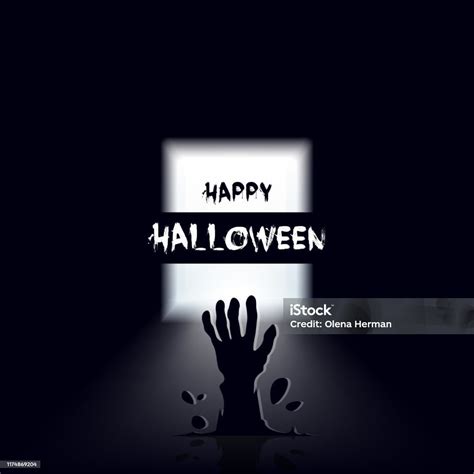 해피 할로윈 무서운 배너 또는 열린 문과 좀비 손이 검은 색과 흰색 색상의 땅에서 상승 초대 모바일 및 소셜 미디어 광고용 벡터 일러스트레이션 10월에 대한 스톡 벡터 아트