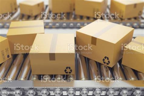 3d 일러스트 패키지 배달 서비스 및 소포 운송 시스템의 개념 컨베이어 벨트에 골 판지 상자 포장 3차원 형태에 대한 스톡 사진 및 기타 이미지 Istock
