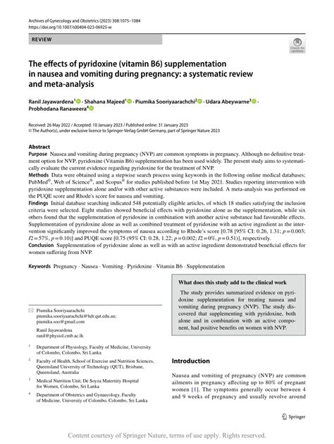 The Effects Of Pyridoxine Vitamin B6 Supplementation In Nausea And Vomiting During Pregnancy