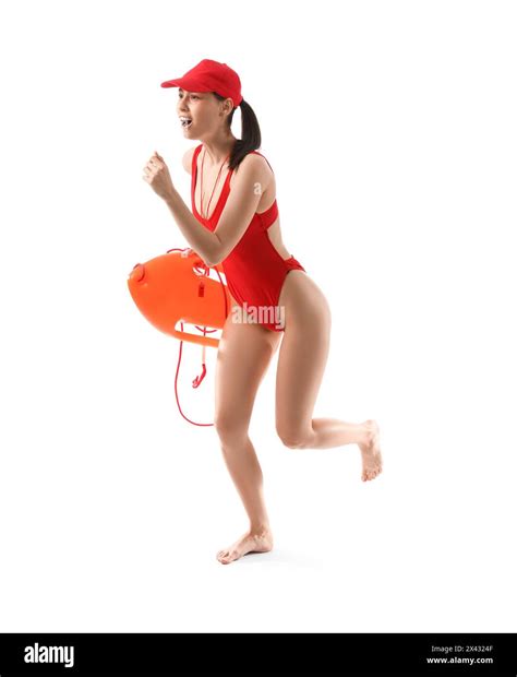 Female Lifeguard With Rescue Tube Buoy Running On White Background