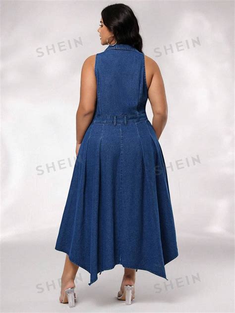 Shein Sxy Plus Size Denim Dress With Front Buttons And High Slit