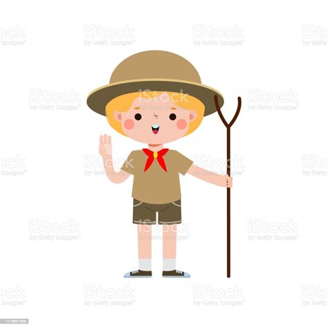 귀여운 작은 소년 스카우트 하이킹 스틱 행복 한 아이 소녀 스카우트 명예 유니폼 여름 캠프 만화 플랫 캐릭터 흰색 배경에 고립 된 벡터 일러스트 레이 션 관광객에 대한 스톡
