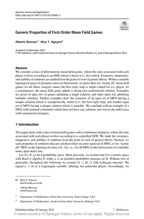 Generic Properties Of First Order Mean Field Games Request Pdf