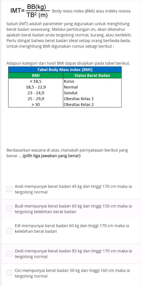 IMT BB Kg TB M Body Mass Index BMI Atau StudyX