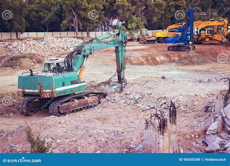 Big Green Excavator At Construction Site Stock Image Image Of Heavy