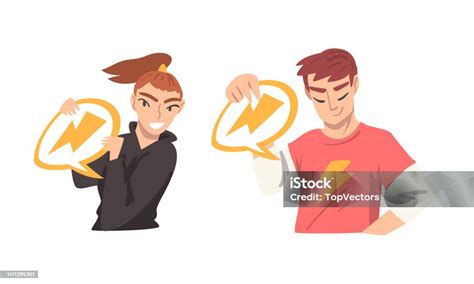 젊은 남자와 여자는 그녀의 손에 연설 채팅 거품을 들고 벡터 세트 Brand Name Online Messaging Platform에 대한 스톡 벡터 아트 및 기타 이미지