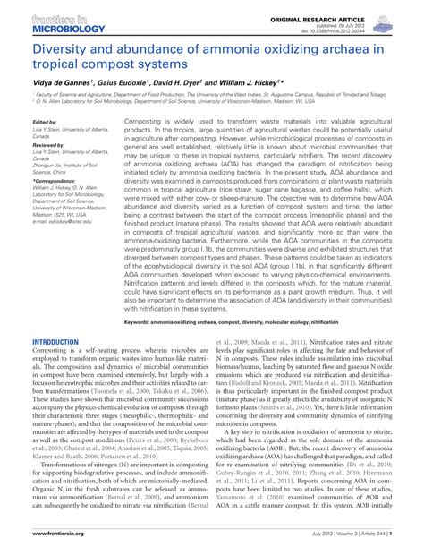 Pdf Diversity And Abundance Of Ammonia Oxidizing Archaea In Tropical