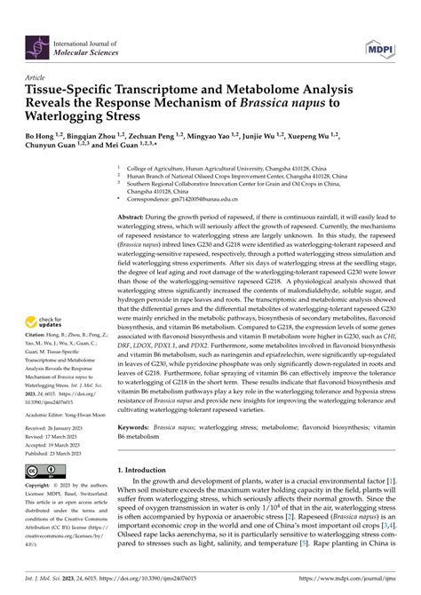 Pdf Tissue Specific Transcriptome And Metabolome Analysis Reveals The