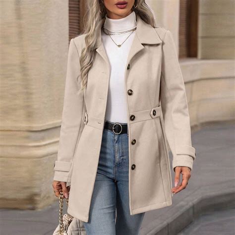 Maplenight Trench Coat For Women Single Breasted Turndown Collar Long
