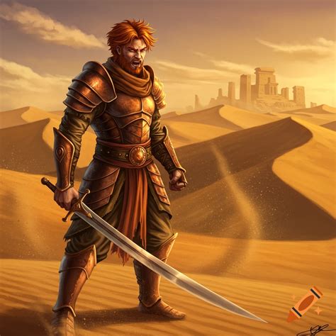 A Red Haired Desert Warrior In Intricate Armor Stands Defiantly With A Sword In A Vast Sunlit