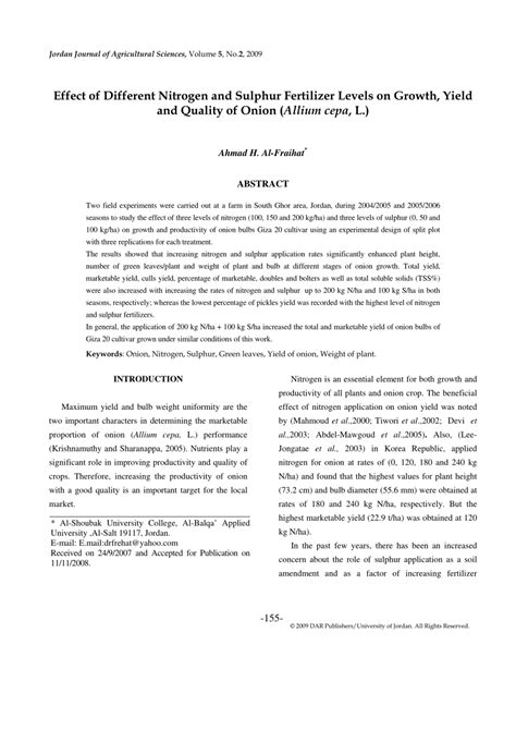 Pdf Effect Of Different Nitrogen And Sulphur Fertilizer Levels On