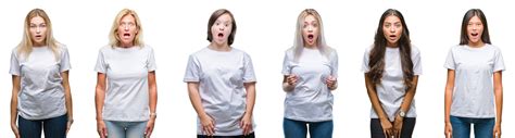 흰색 T 셔츠를 입고 있는 여자 그룹의 콜라주는 두려워 하 고 깜짝 표현 공포와 흥분 한 얼굴로 충격을 받았다 T 셔츠에 대한 스톡 사진 및 기타 이미지 Istock