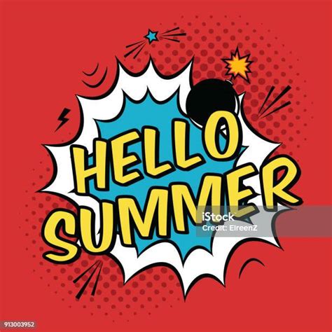 안녕하세요 여름 문구와 함께 벡터 화려한 팝 아트 그림 현대 만화 스타일에 하프톤 배경과 폭탄 폭발과 함께 장식 템플릿 계절에 대한 스톡 벡터 아트 및 기타 이미지 Istock