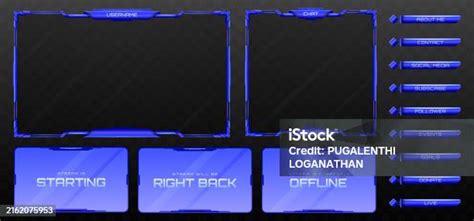 สตรีมโอเวอร์เลย์เฟรมหน้าจอเว็บแคมและแผง Gui แจ้งเตือนสตรีมในสีน้ําเงินสําหรับแพลตฟอร์มสต