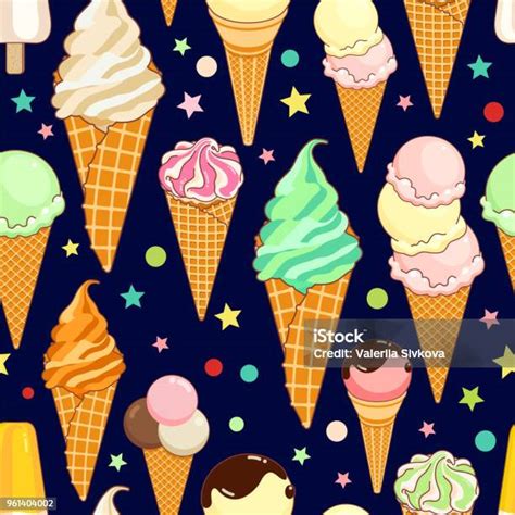 별과 동그라미와 어두운 파란색 배경에 화려한 아이스 크림의 완벽 한 패턴입니다 웹 사이트 광고 배너 포스터 전단지 명함에 대 한 만화 그림 벡터 일러스트입니다 개념에 대한