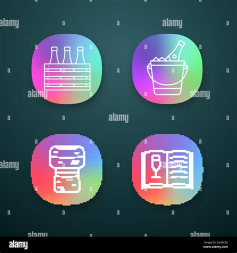 Alcohol App Icons Set Bar Wine Beer Case Champagne Bucket Cork