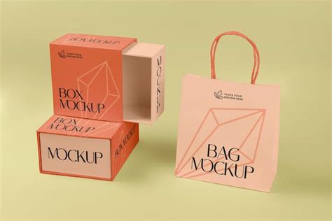 Premium Psd Bags And Boxes Mock Up In Celestial Yellow Shade