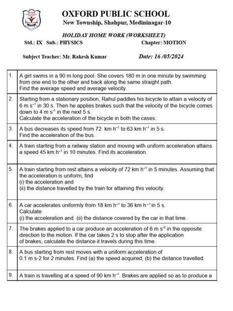 Worksheet Class 9 Motion Pdf Acceleration Speed