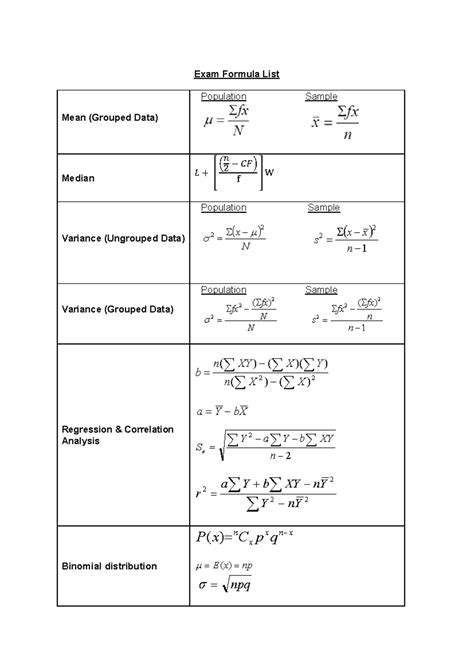 Bstats Formulas Statistics Formula Sheet Exam Formula List Mean