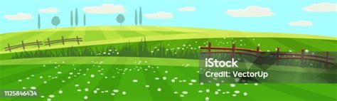녹색 잔디 꽃 나무 농장 필드와 시골 봄 풍경이 시골 농지입니다 야외 마 풍경 배경 농업입니다 벡터 일러스트입니다 격리 만화 스타일 산에 대한 스톡 벡터 아트 및 기타