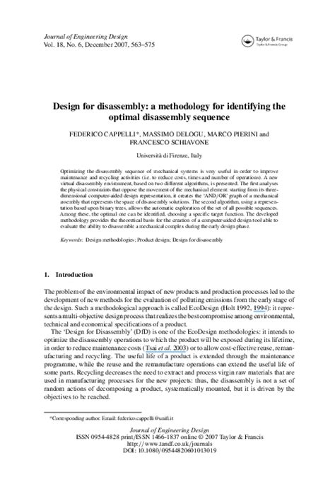 Pdf Design For Disassembly A Methodology For Identifying The Optimal