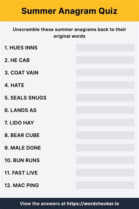 Summer Anagram Quiz Worksheet Words Quiz With Answers Word Games
