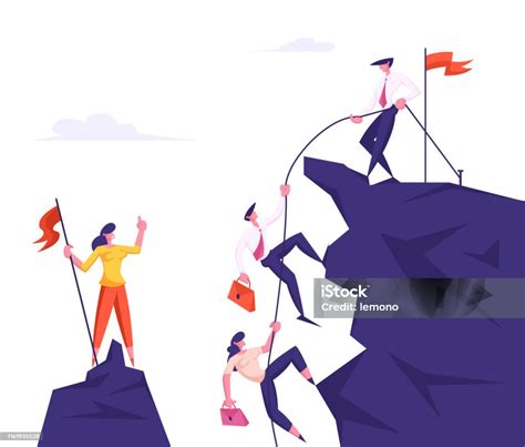 마운틴 피크에 등반 하는 비즈니스 사람들의 그룹 로프와 동료를 당기는 지도자 지원 팀 워크 목표 달성 개념 만화 플랫 벡터 일러스트를 위해 함께 일하는 사람들 벡터에 대한