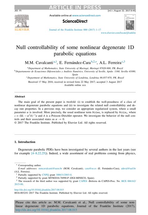 Pdf Null Controllability Of Some Nonlinear Degenerate 1d Parabolic