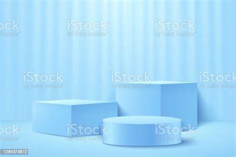 현대 웹 사이트에 제품에 대한 추상 큐브 및 원형 디스플레이 연단과 최소한의 밝은 파란색 텍스처 벽 장면 3d 렌더링 기하학적 모양 밝은 파란색으로 배경 렌더링 벡터
