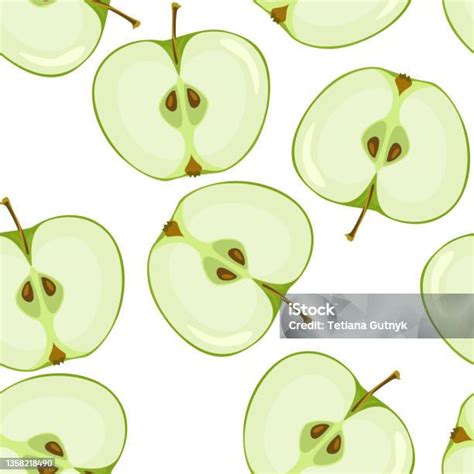 녹색 사과의 조각 원활한 패턴 음식 배경 만화 플랫 스타일로 과일의 벡터 일러스트 배경 주제에 대한 스톡 벡터 아트 및 기타 이미지 배경 주제 사과 슬라이스 Istock
