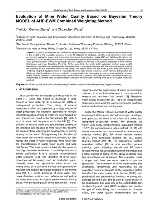 Pdf Evaluation Of Mine Water Quality Based On Bayesian Theory Model Of Ahp Ewm Combined