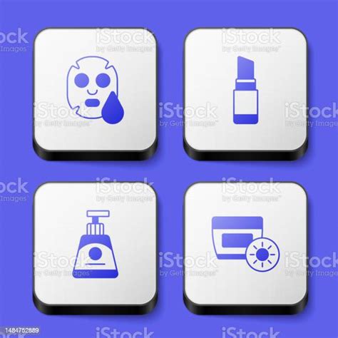 페이셜 화장품 마스크 립스틱 크림 또는 로션 튜브 자외선 차단제 크림을 아이콘으로 설정합니다 흰색 사각형 버튼입니다 벡터 3월에