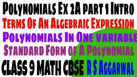 polynomials ex 2a part1 intro class 9 math r s aggarwal cbse youtube