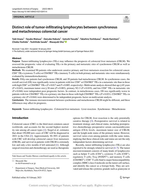 Distinct Role Of Tumor Infiltrating Lymphocytes Between Synchronous And Metachronous Colorectal