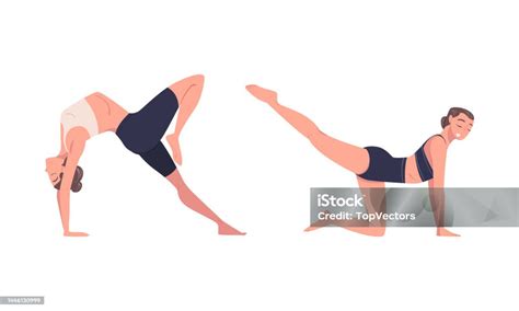 요가를 하는 젊은 여성들 스튜디오에서 다양한 아사나를 연습하는 스포츠 복장을 한 소녀들 육체와 영적 연습 개념 만화 벡터 일러스트 레이 션 건강한 생활방식에 대한 스톡 벡터