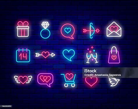 해피 발렌타인 데이 네온 아이콘 세트 다이아몬드 링과 캘린더 로맨틱 채팅 격리된 벡터 스톡 일러스트레이션 14에 대한 스톡 벡터 아트 및 기타 이미지 Istock