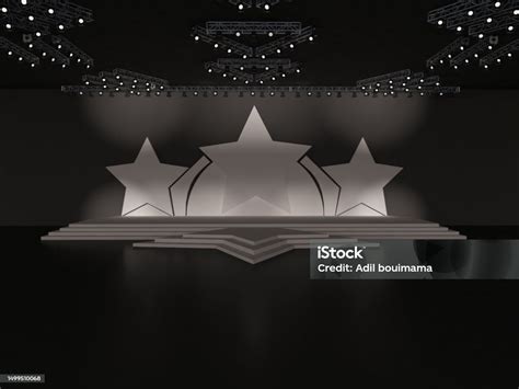 이벤트 계단을 포함한 빈 무대 정면도 세 개의 별이 배경을 형성합니다 천장 스포트라이트 맞춤형 디자인 내부 홀 3d 렌더링 그림 0명에 대한 스톡 사진 및 기타 이미지