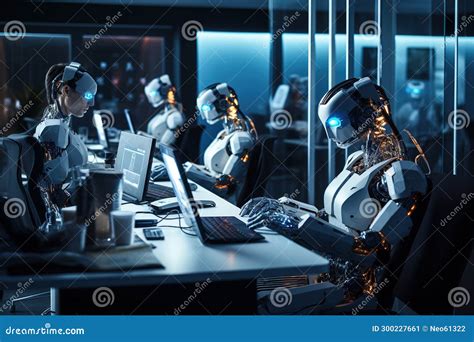 Ai Robots Using Multiple Computers Working Monitoring Data In Office Generative Ai Stock