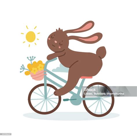 꽃 바구니가있는 자전거를 타는 귀여운 웃는 토끼 따뜻한 봄 재미있는 활동 카드 옷 티셔츠 인쇄를위한 어린이 디자인 아늑한 캐릭터 흰색에 고립된 벡터 플랫 일러스트 레이 션