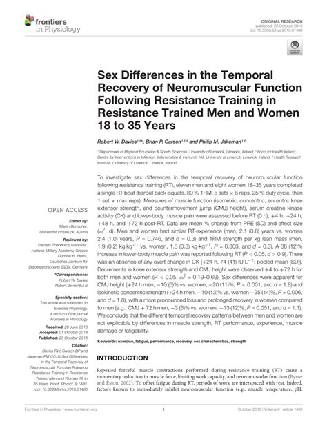 Pdf Sex Differences In The Temporal Recovery Of Neuromuscular Function Following Resistance