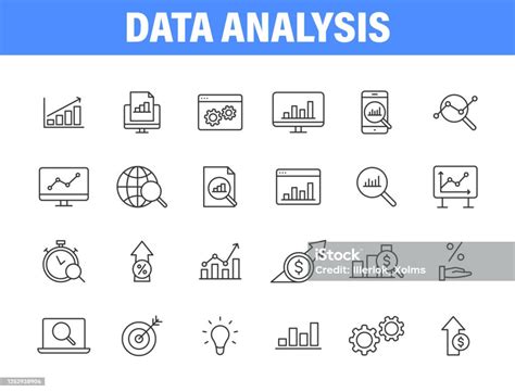 라인 스타일의 24 개의 데이터 분석 웹 아이콘 집합입니다 그래프 분석 빅 데이터 성장 차트 연구 벡터 그림입니다 개념에 대한 스톡 벡터 아트 및 기타 이미지 Istock